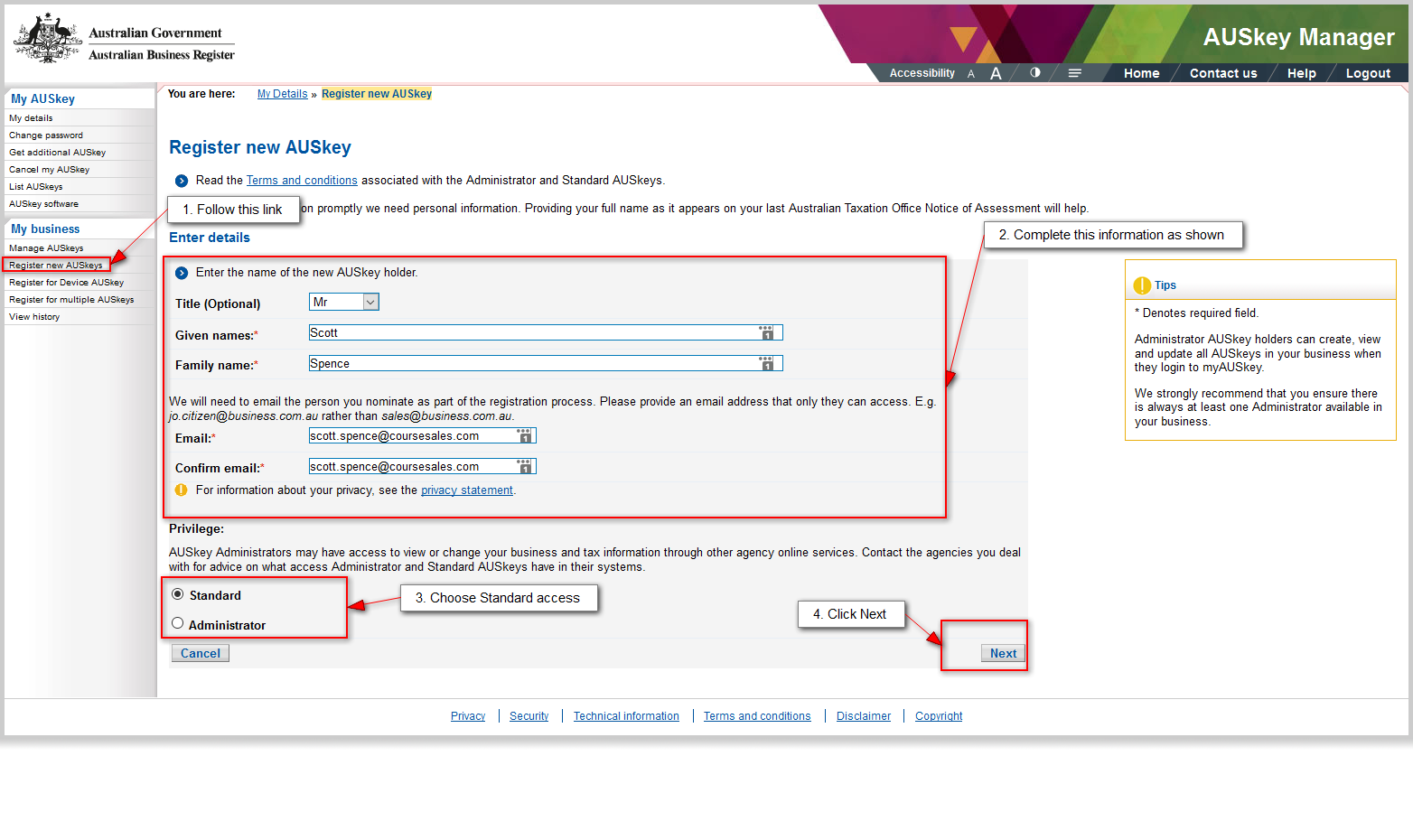 Register the Course Sales Auskey for your organisation